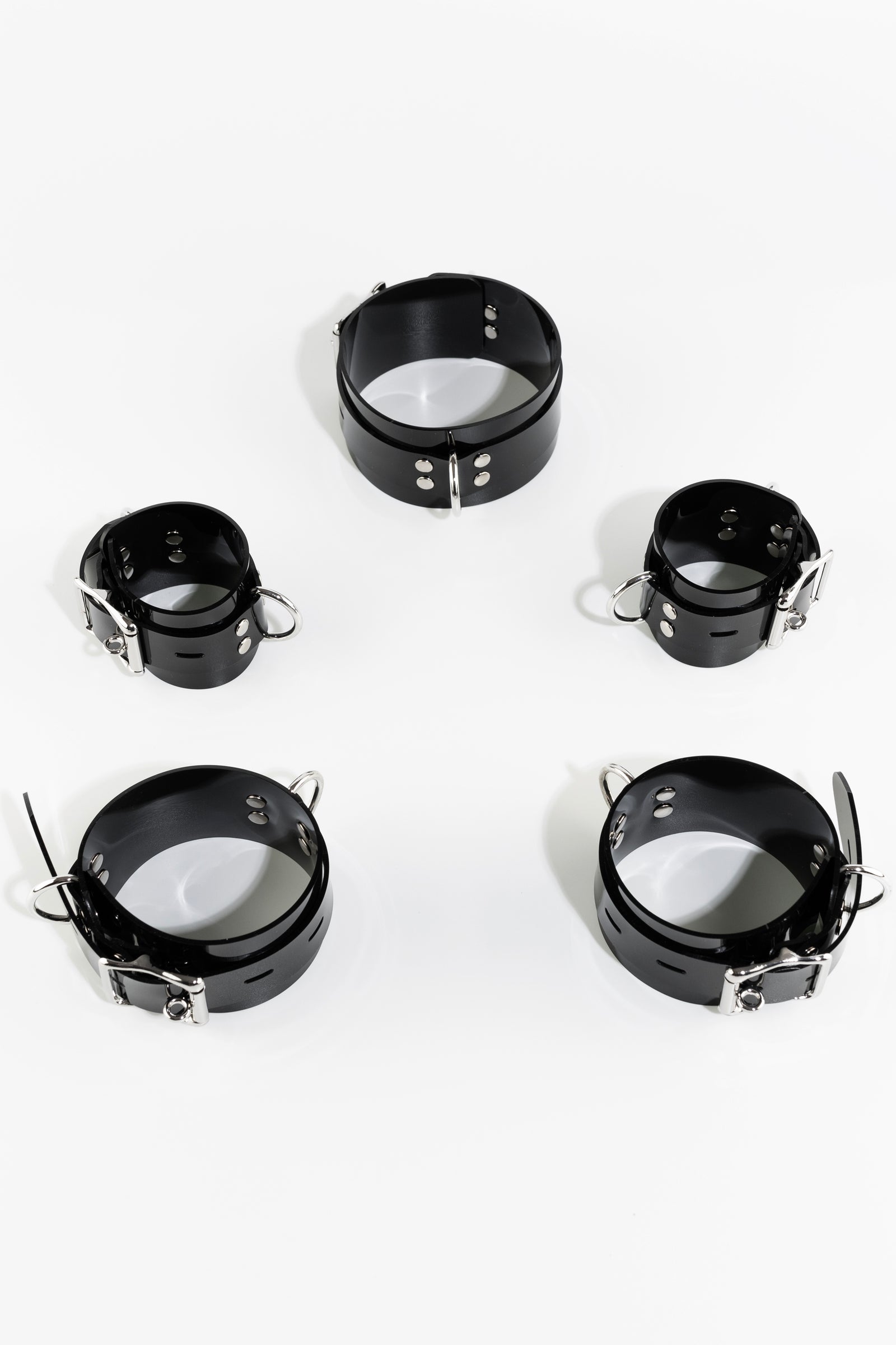 Lockable collar and wrist, ankle cuffs set, black/chrome