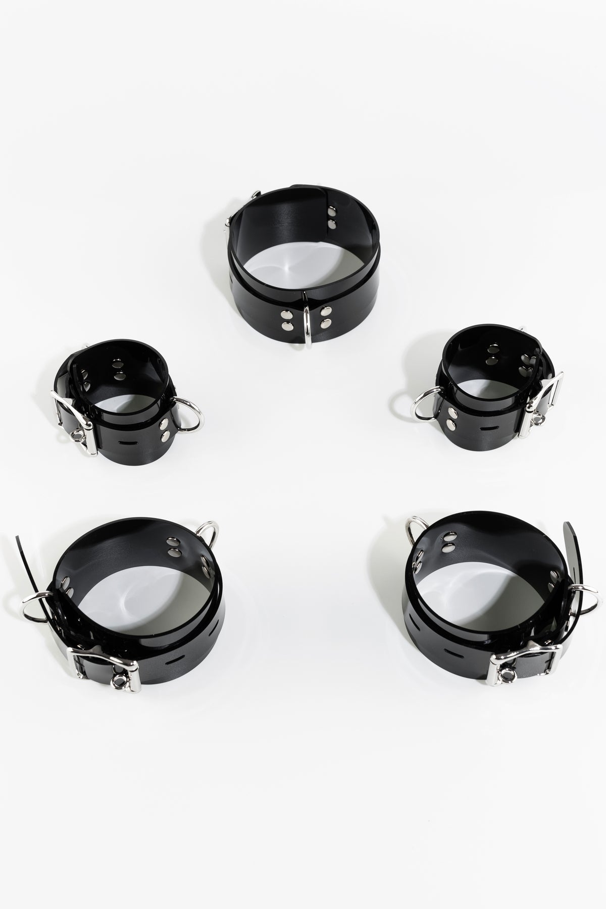 Lockable collar and wrist, ankle cuffs set, black/chrome