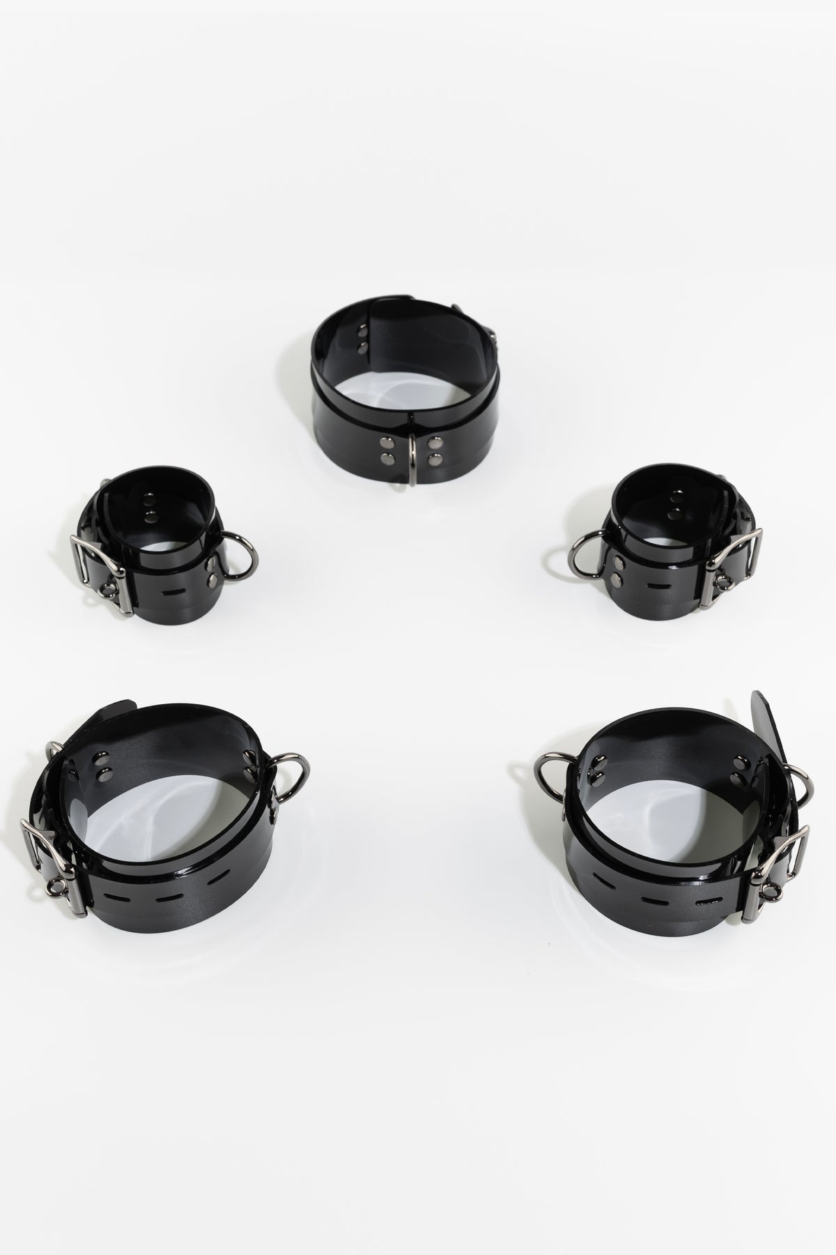 Lockable collar and wrist, ankle cuffs set, black/black
