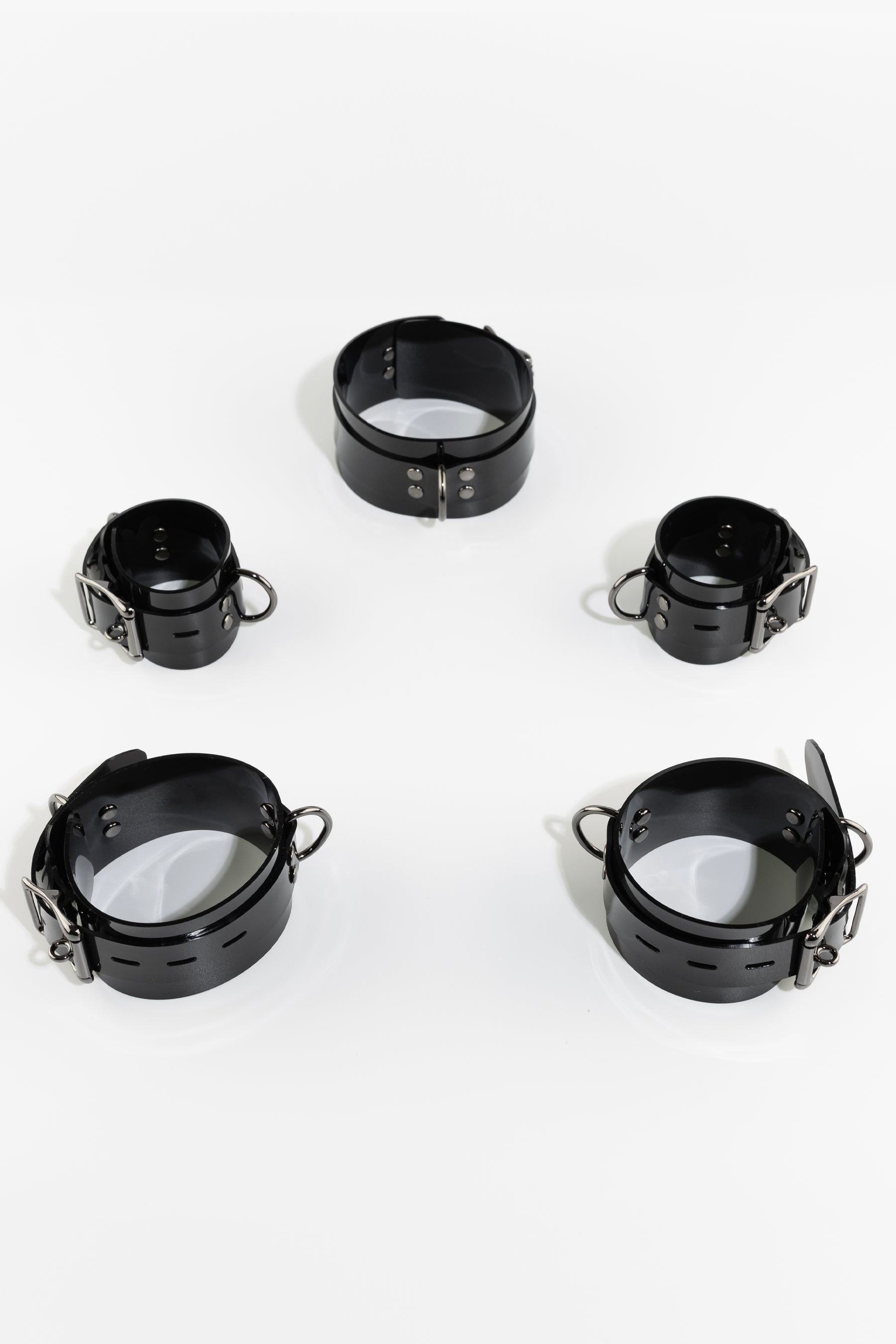 Lockable collar and wrist, ankle cuffs set, black/black