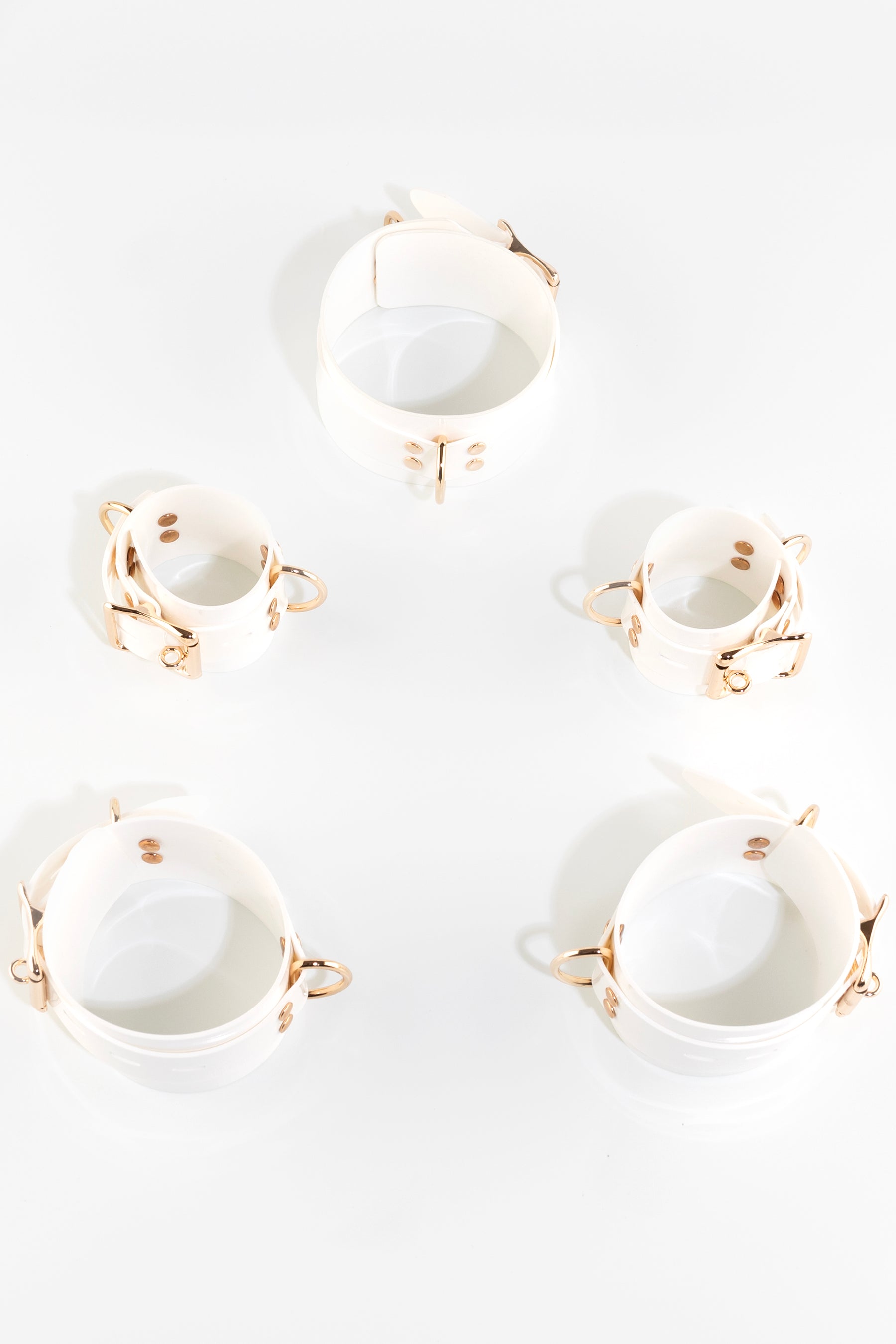 Lockable collar and wrist, ankle cuffs set, white/gold