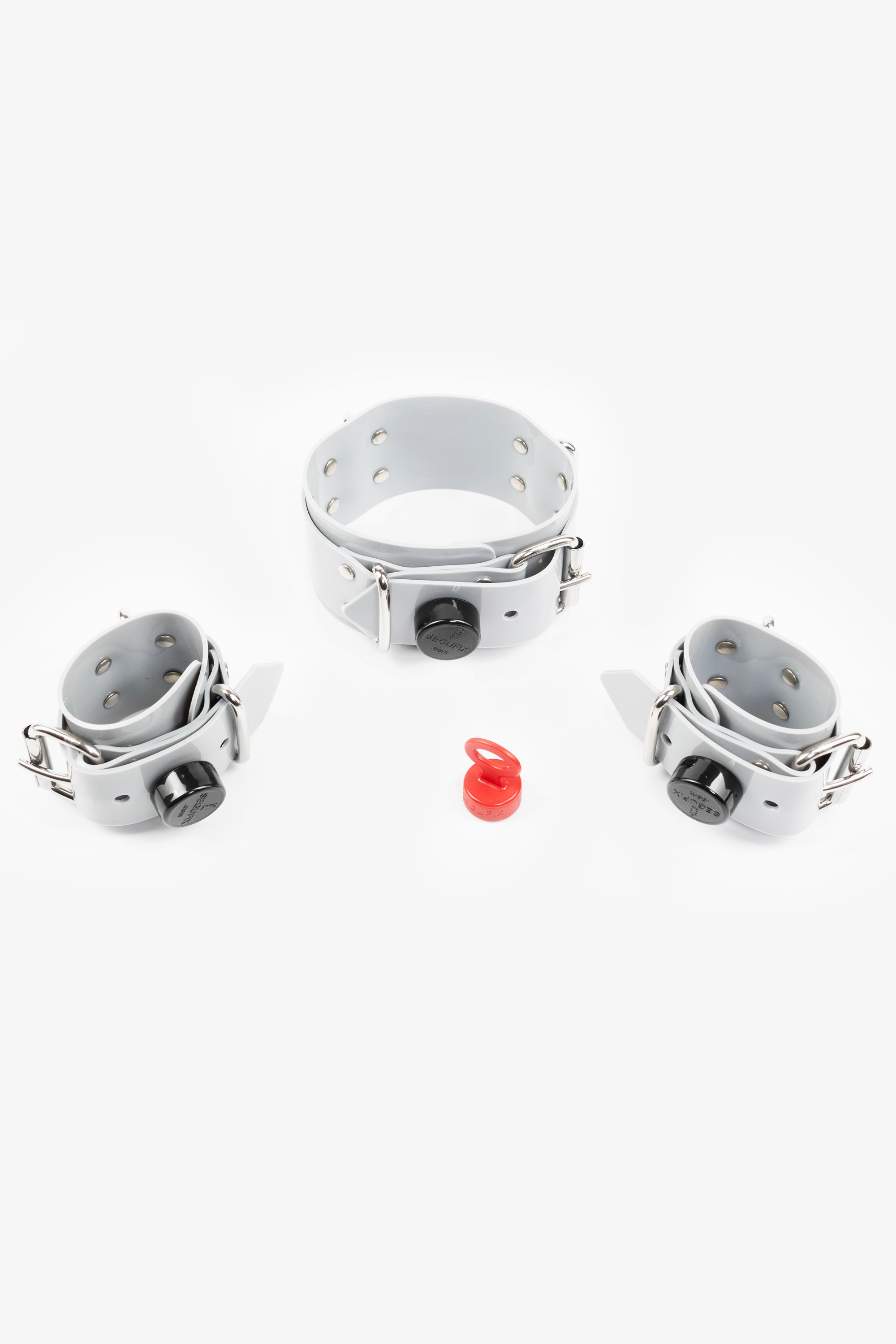 Lockable segufix collar and wrist cuffs set, light grey/chrome