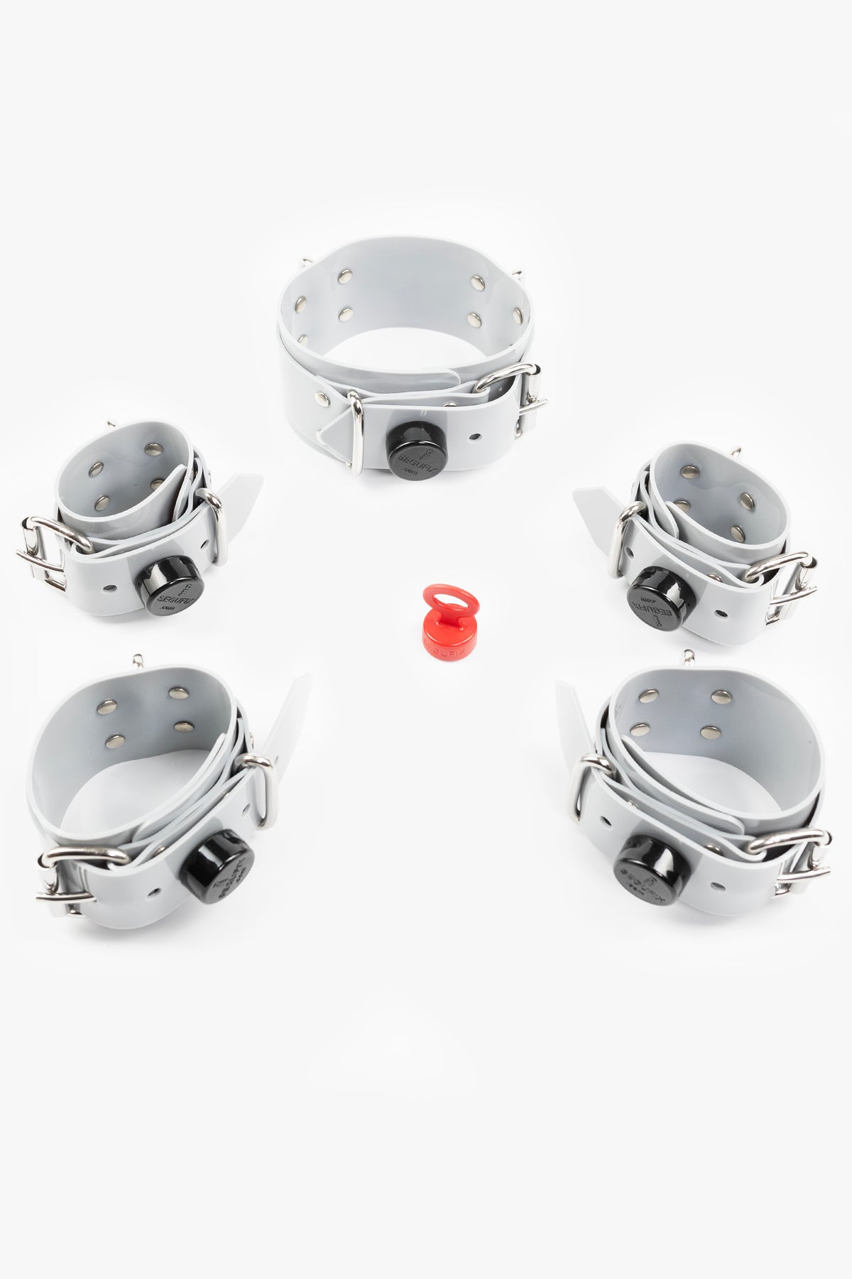 Lockable segufix collar and wrist, ankle cuffs set, light grey/chrome