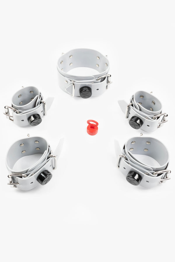 Lockable segufix collar and wrist, ankle cuffs set, light grey/chrome