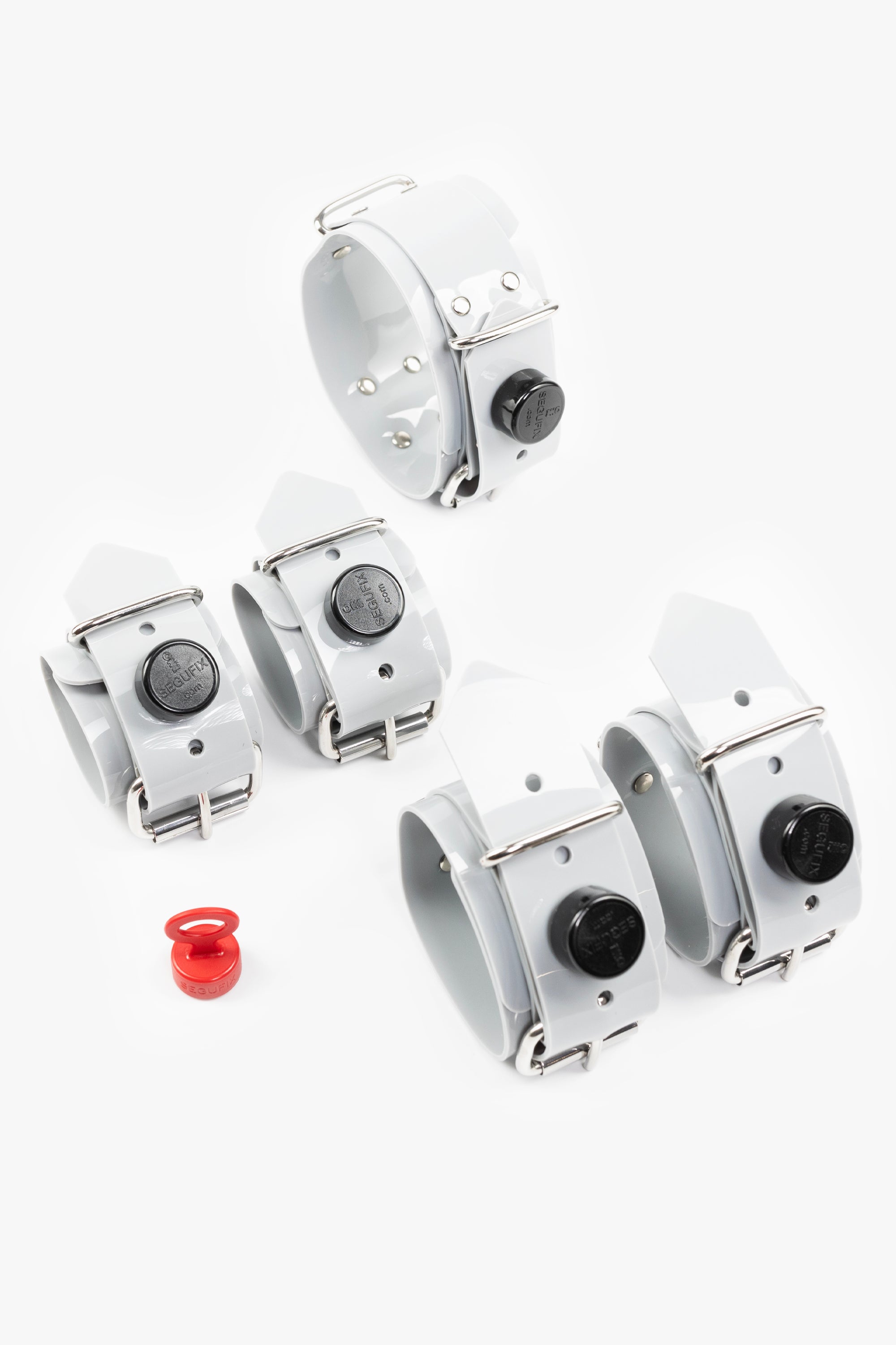 Lockable segufix collar and wrist, ankle cuffs set, light grey/chrome