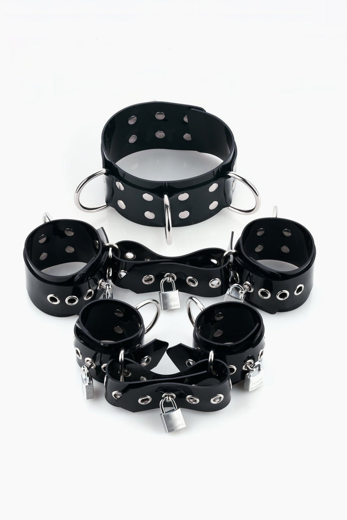 Lockable buck-less set of collar, wrist and ankle cuffs