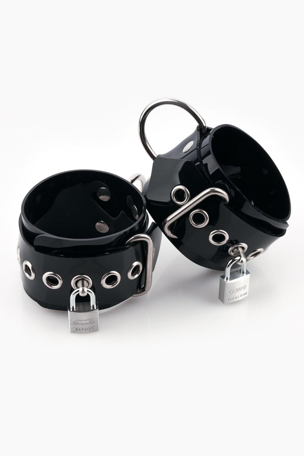 Buck-less ankle cuffs with D-rings and padlocks